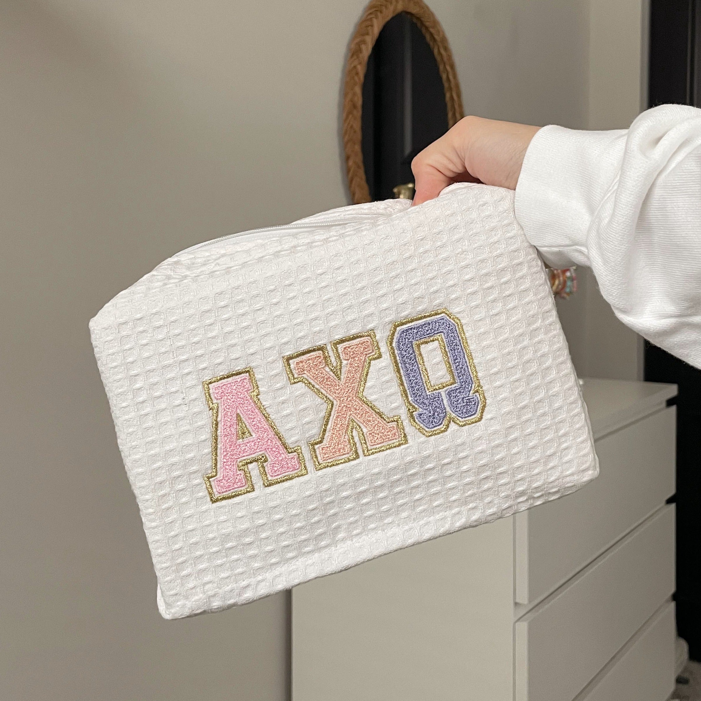 Embroidered Faux Chenille Sorority Waffle Weave Toiletry Bag – The ...